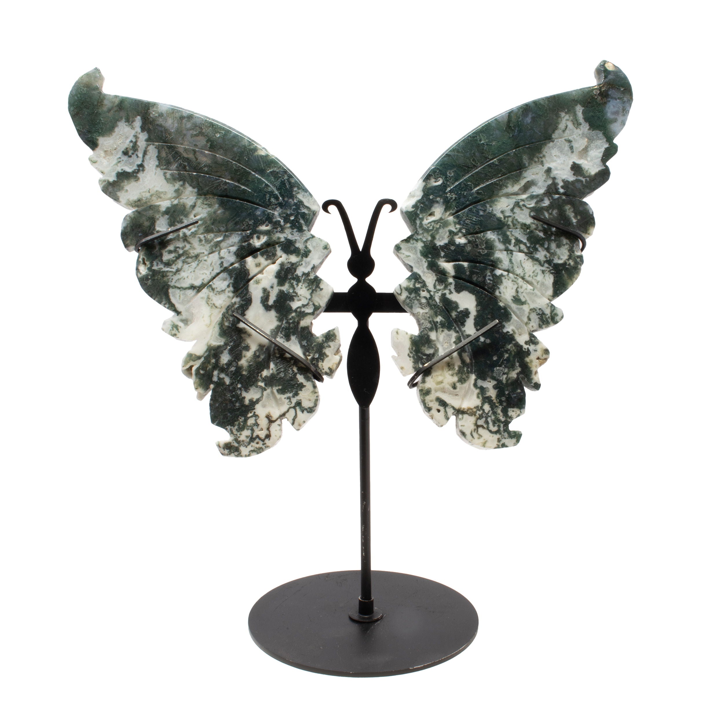Moss Agate Butterfly Wings Carving With Stand - Rare Earth Gallery