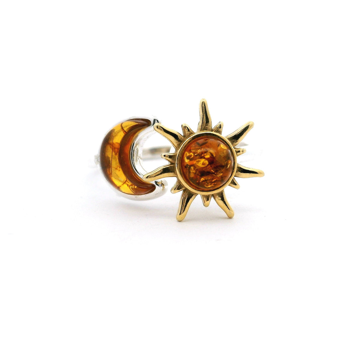 Cognac Amber Sun and Moon Spinner Ring Bezel Set in 925 Sterling Silve ...