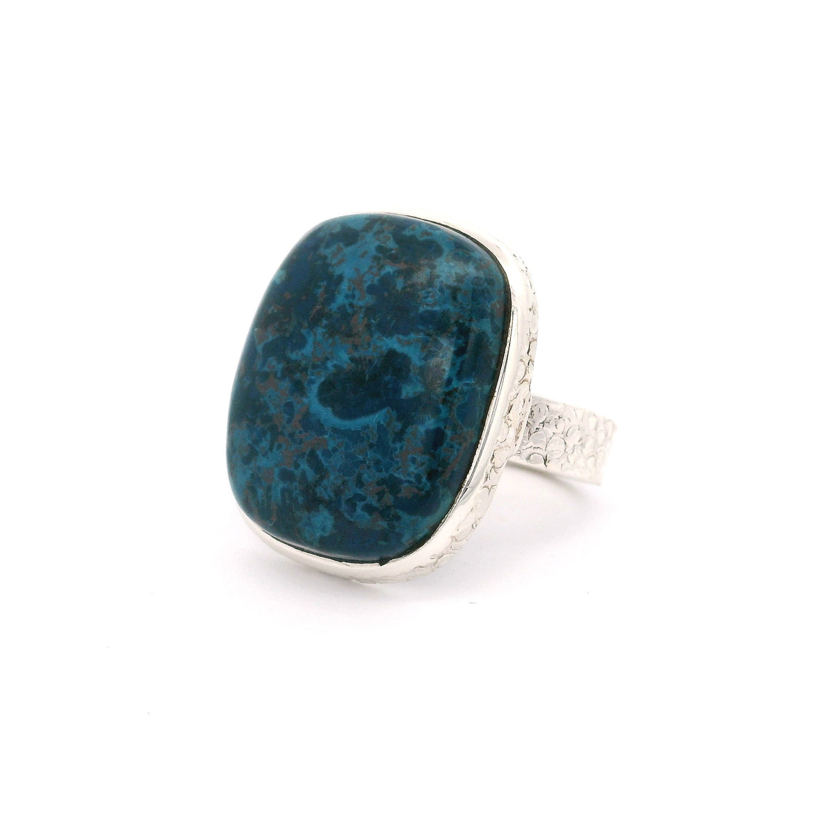 Azurite Rounded Rectangle Ring with Hammered Band Bezel Set in 925 Ste ...