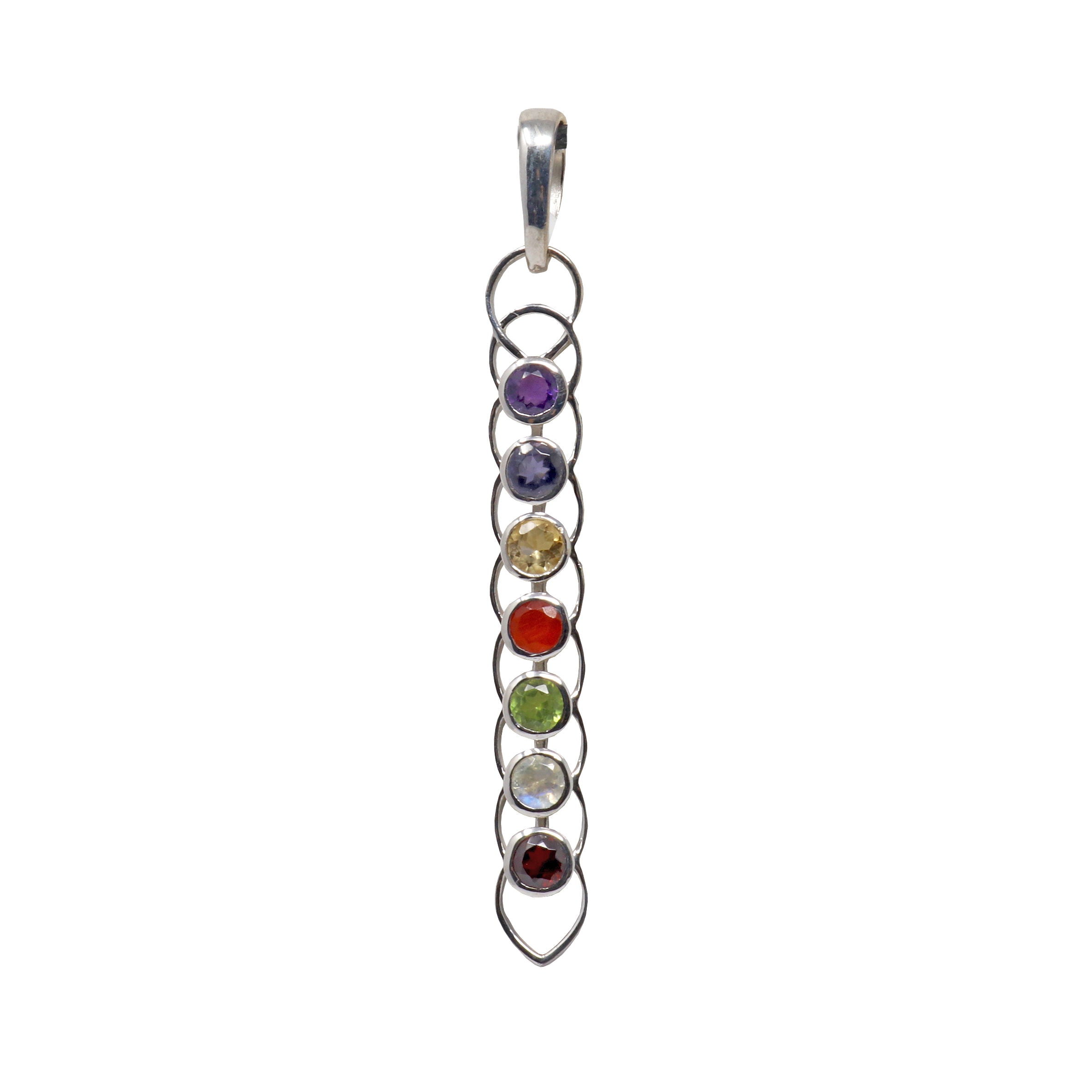 7 Chakra Pendant - 7 Faceted Rounds Set In Layered Vertical Silver Loop ...